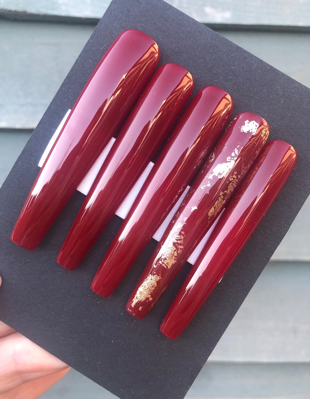 5 XL Coffin Berry Red and Rose Gold Foil Nails | Extendo Press on Nail ...