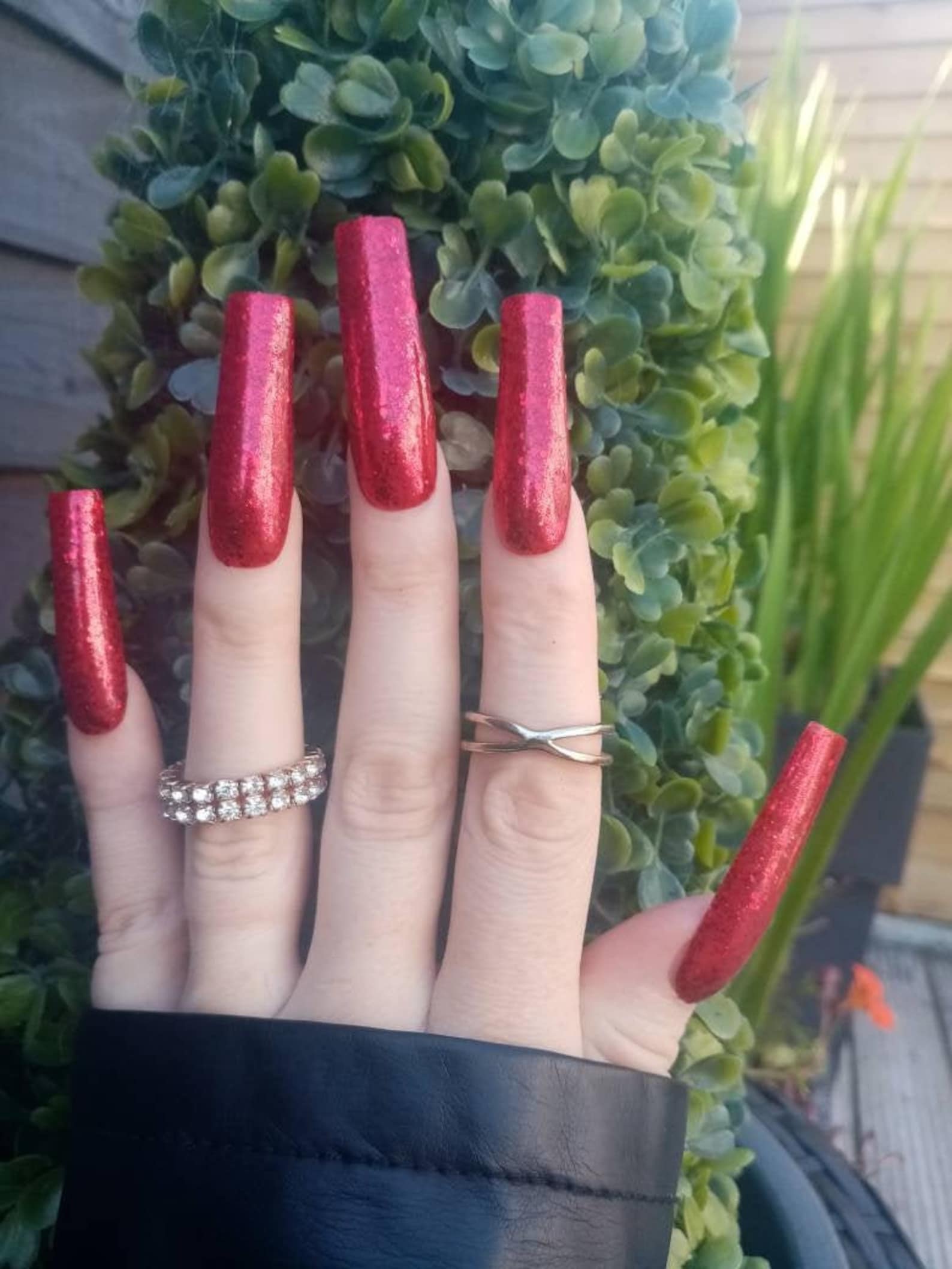 Xxl Tapered Square Press On Nail Set Red Glitter Long Square Etsy