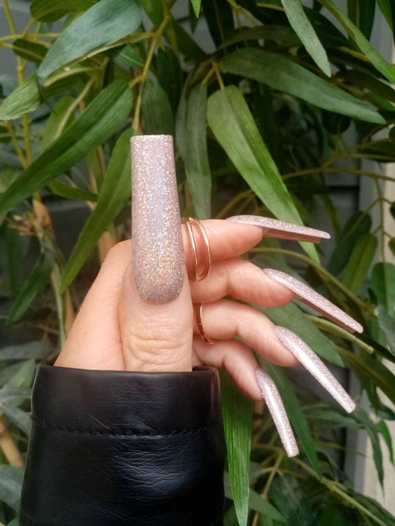Xxl Tapered Square Press On Nail Set Holographic Champagne Etsy Ireland