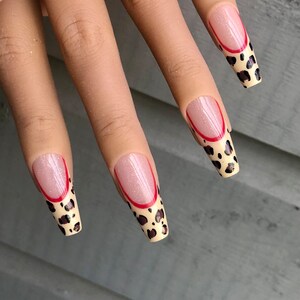 Long Coffin Leopard Print French Tips Press on Nail Set False Nail Set ...