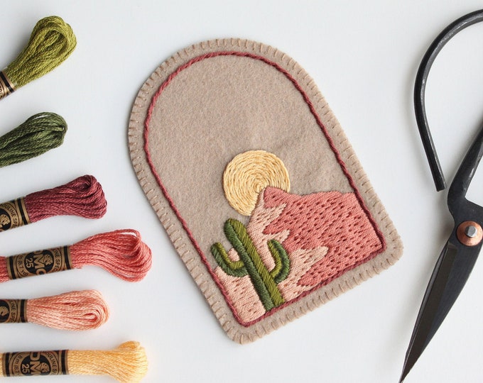 Desert Landscape Embroidery Art, Hand Embroidered Desert Patch, Cactus ...