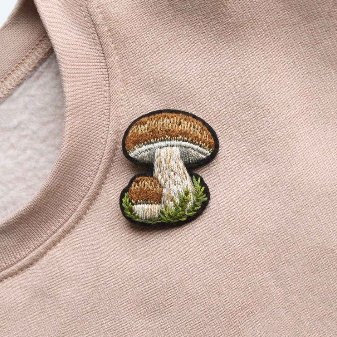 Mushroom Embroidery Brooch, Brown Mushroom Pin, Hand Stitched Pin ...