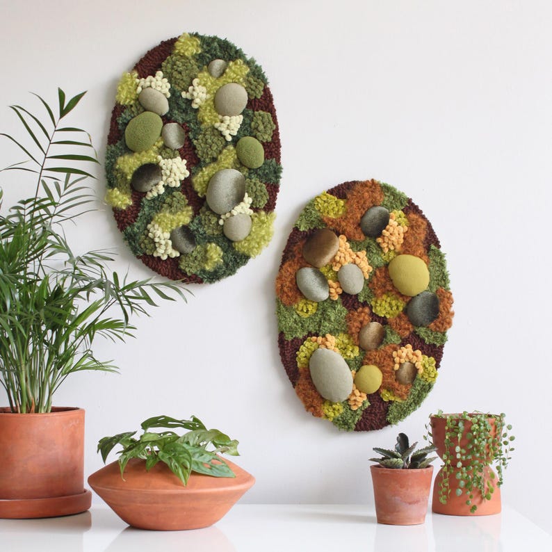 Botanical Wall Decor, Moss Textile Wall Art, Punch Needle Wall Hanging ...