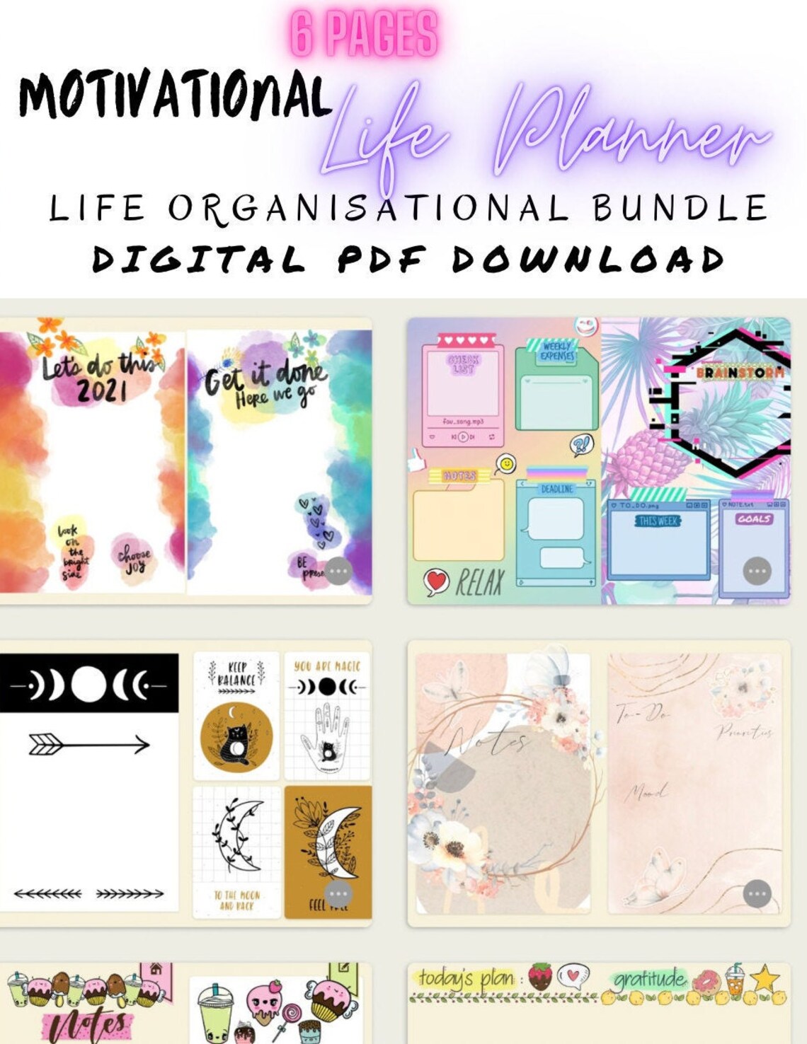 6 pages Motivational Planner DIGITAL DOWNLOAD To Do, Schedule, Mood ...