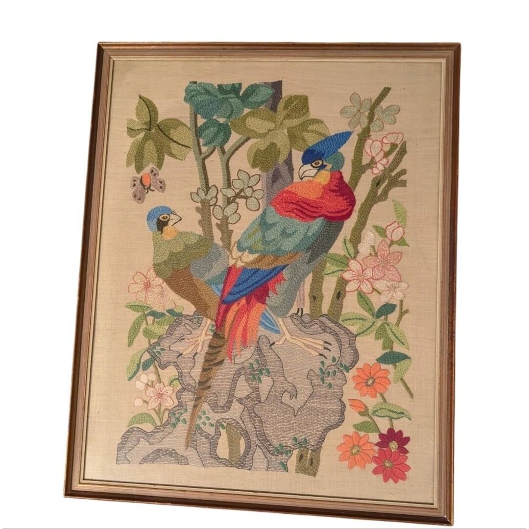 60s 70s Vintage Large Crewel Embroidery of Tropical Birds, Parrots ...