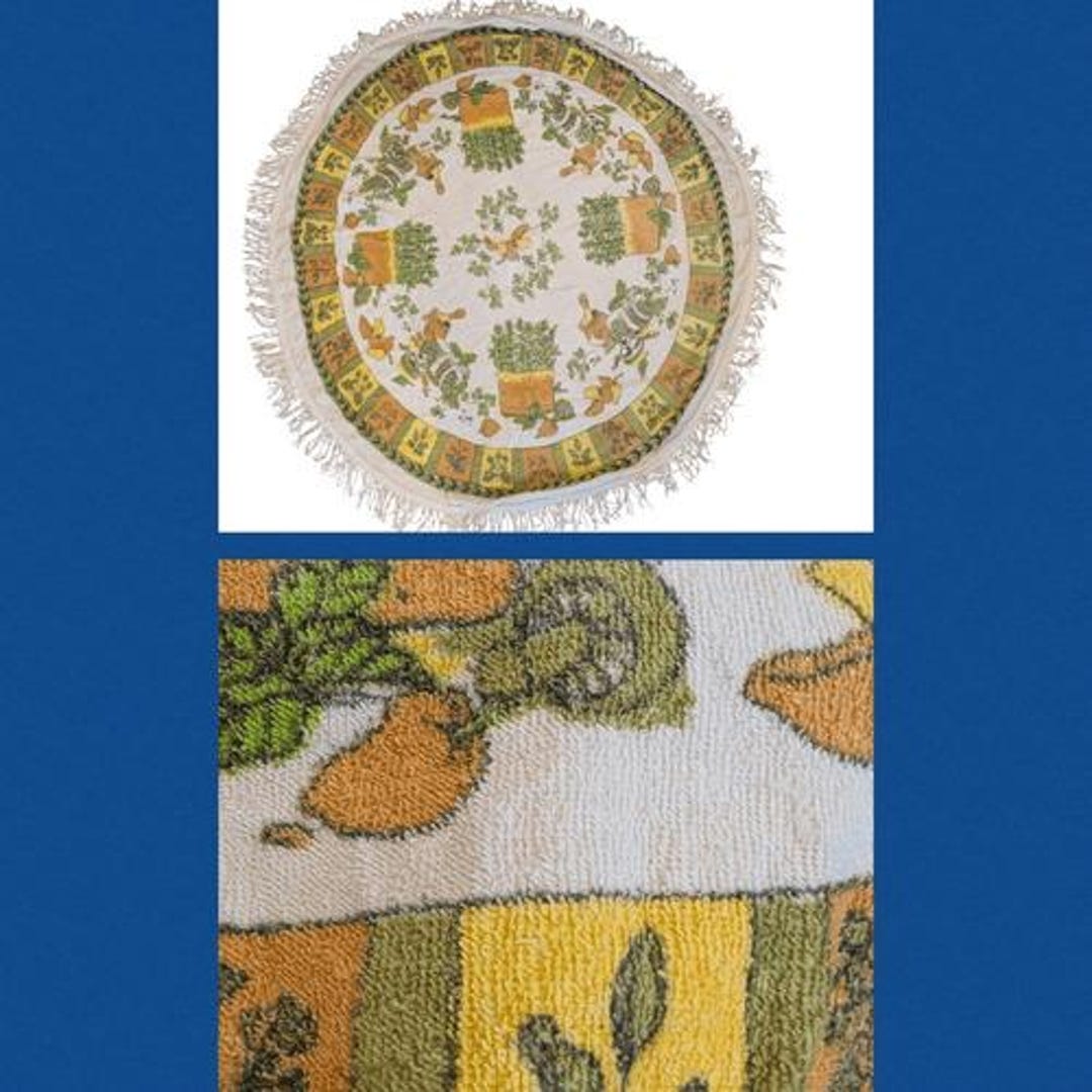 Vintage 70s Terry Cloth Round Tablecloth Herbs Mushroom Tablecloth Boho ...