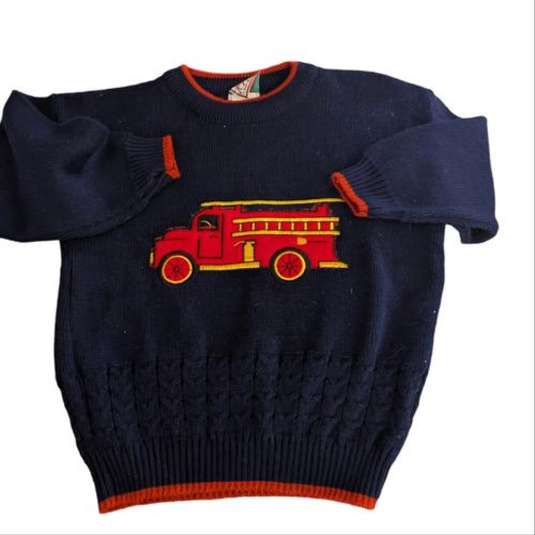 Vintage the Plaid Moose Embroidered Fire Truck Navy Blue Knit Sweater ...