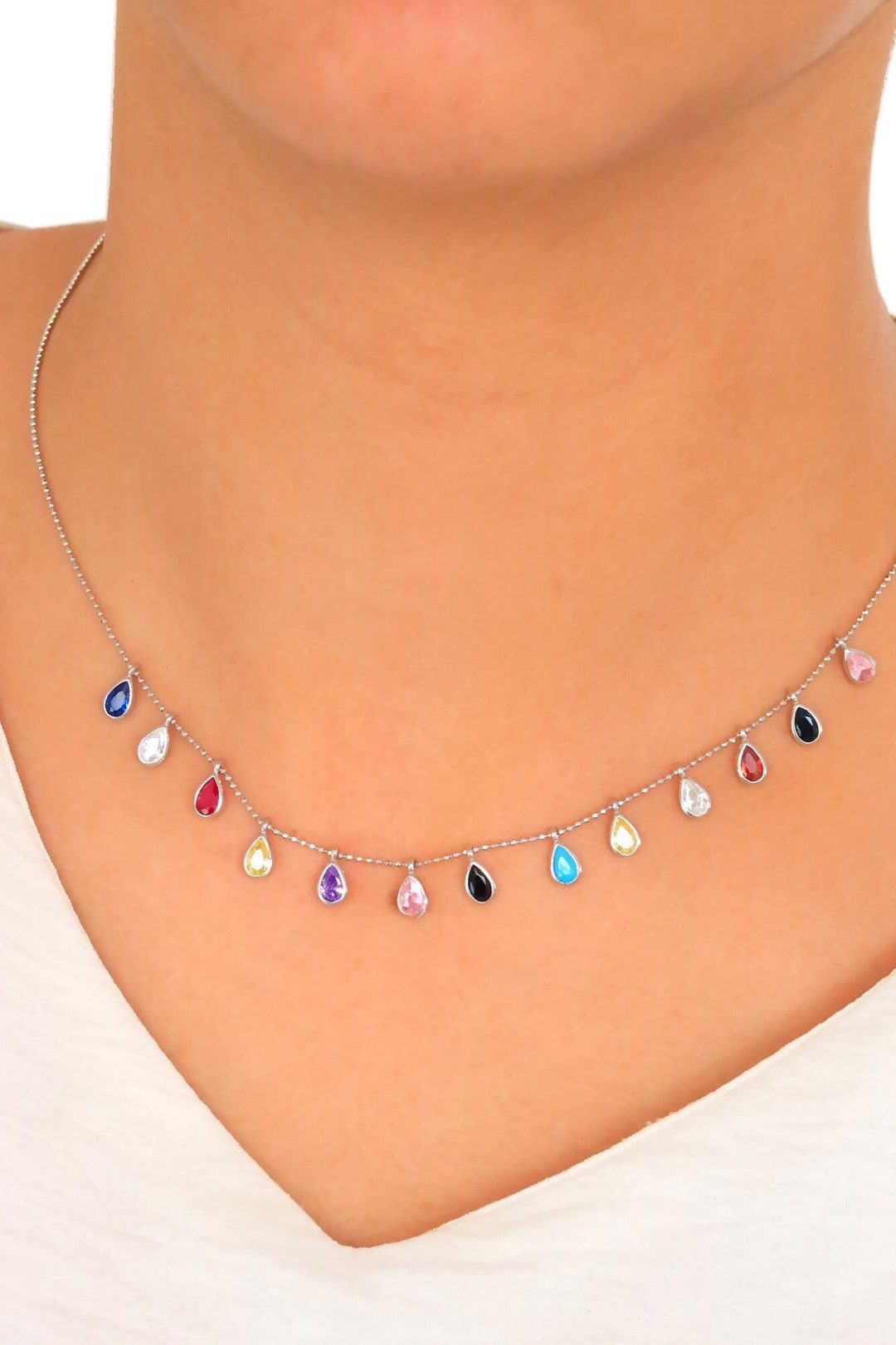 Multiple Birthstone Necklace, Teardrop Birthstone Jewelry, Sterling ...