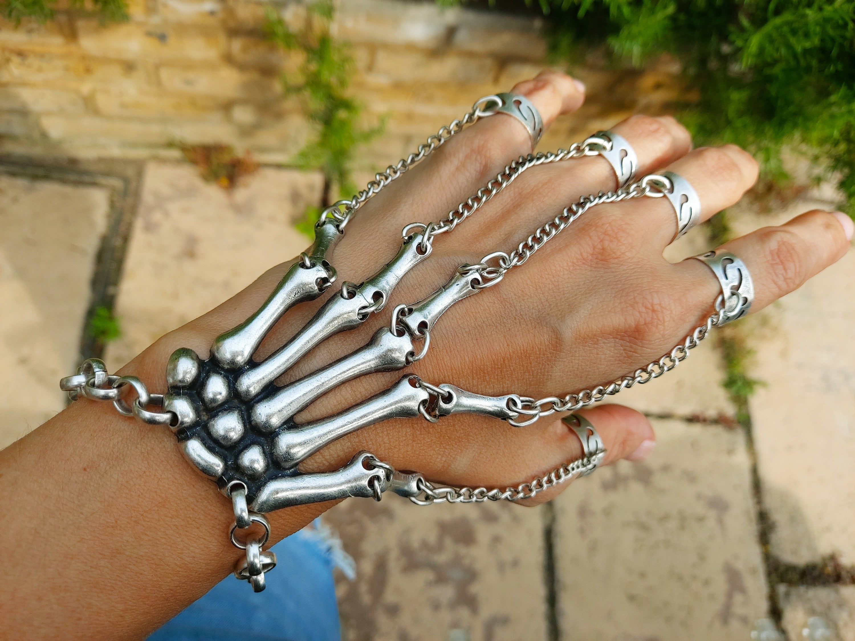 31 Gothic Skeleton Hand Ring Chain Bracelet - Etsy