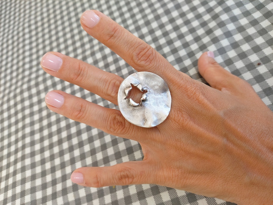 Silver Brutalist Tear Round Ring, Hammered Abstract Big Index Ring R34 ...