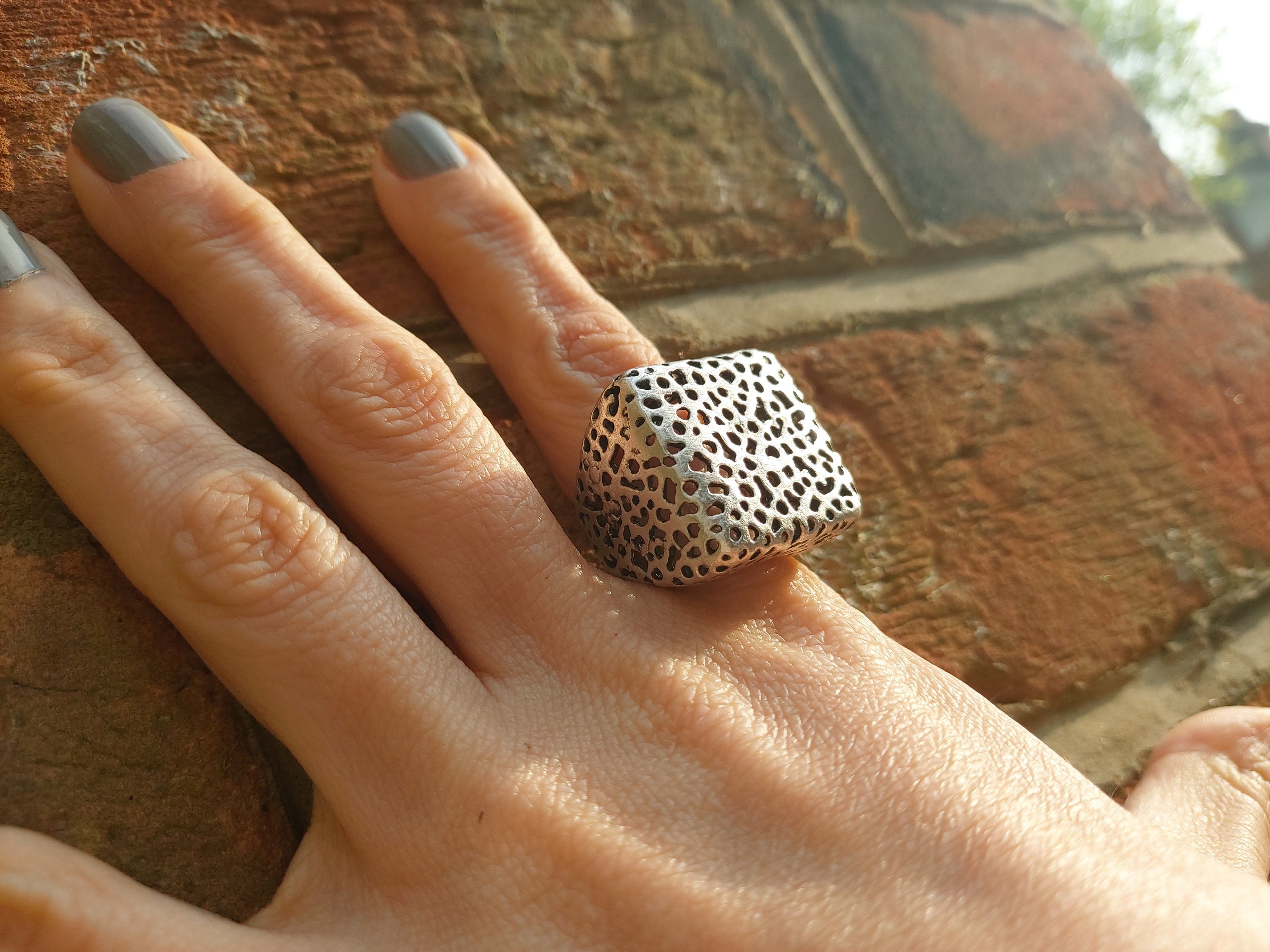 130 / Silver Plated Big Engraved Square Geometric Ring - Etsy