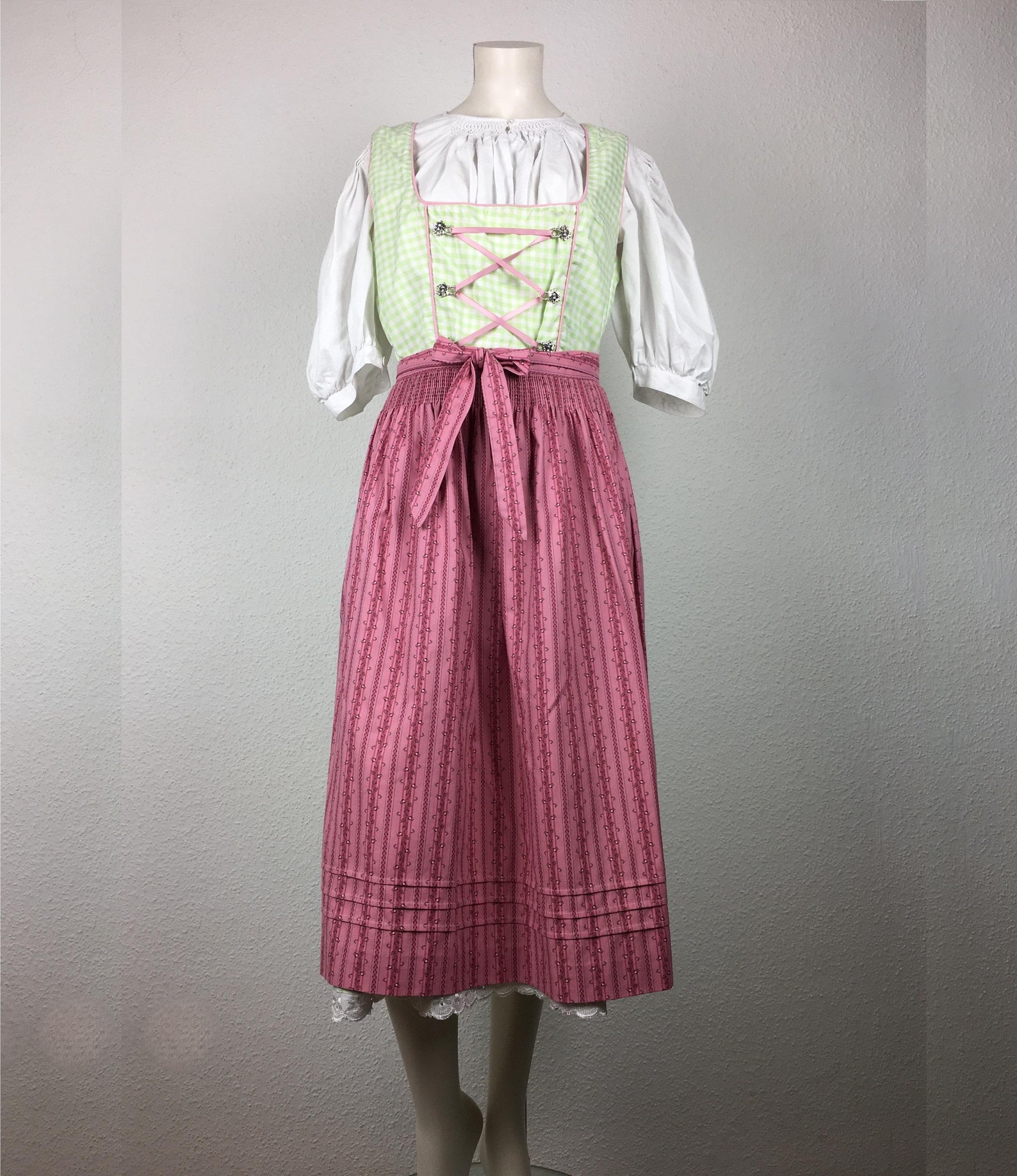 Vintage Dirndl (M/L) Green White Checked Optional With Pink Patterned ...
