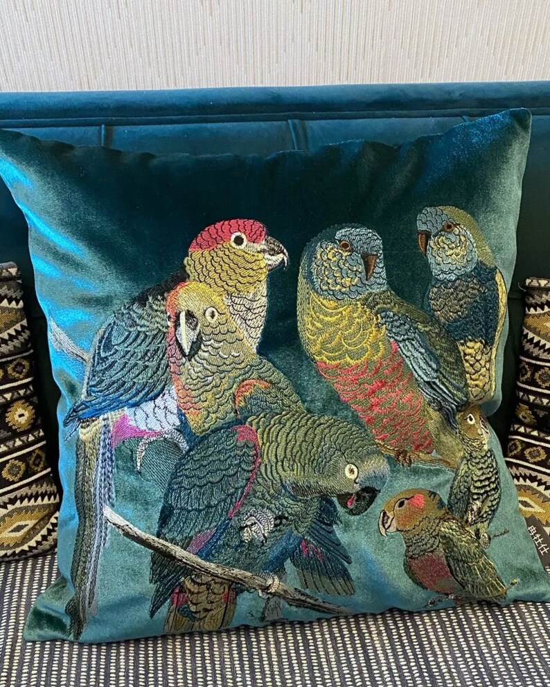 5 Colors Embroidered Parrots on Velvet Vibrant Throw Pillow - Etsy