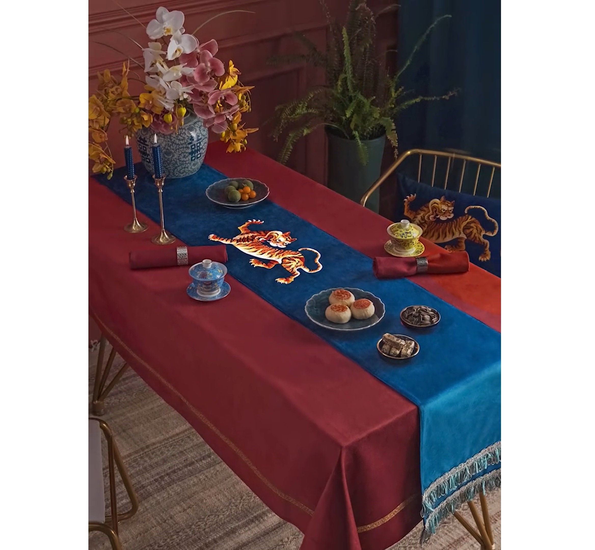 Embroidered Tiger Luxury Velvet Table Runner, 3 Colors of Modern ...