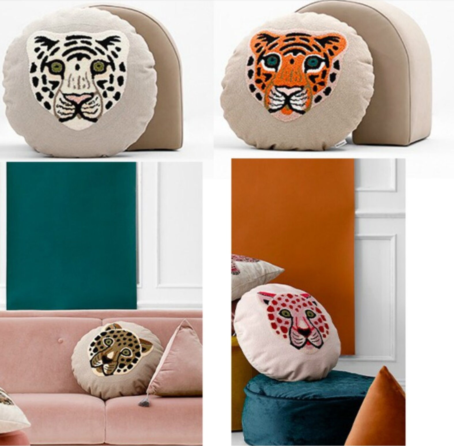 XL Tiger Embroidered Round Throw Pillow Whimsical Decorative | Etsy