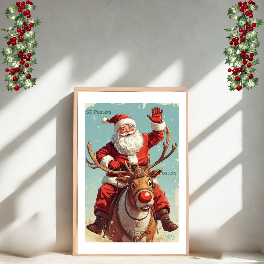 Santa Claus Riding Rudolph Poster | Whimsical Christmas Wall Art - Etsy