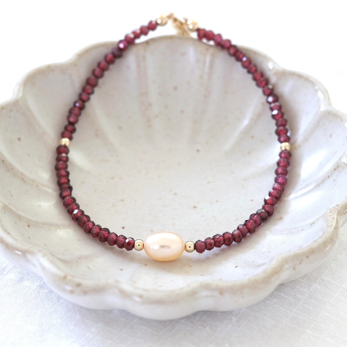Garnet & Freshwater Pearl Bracelet: Gold-filled Beaded Gemstone Jewelry ...