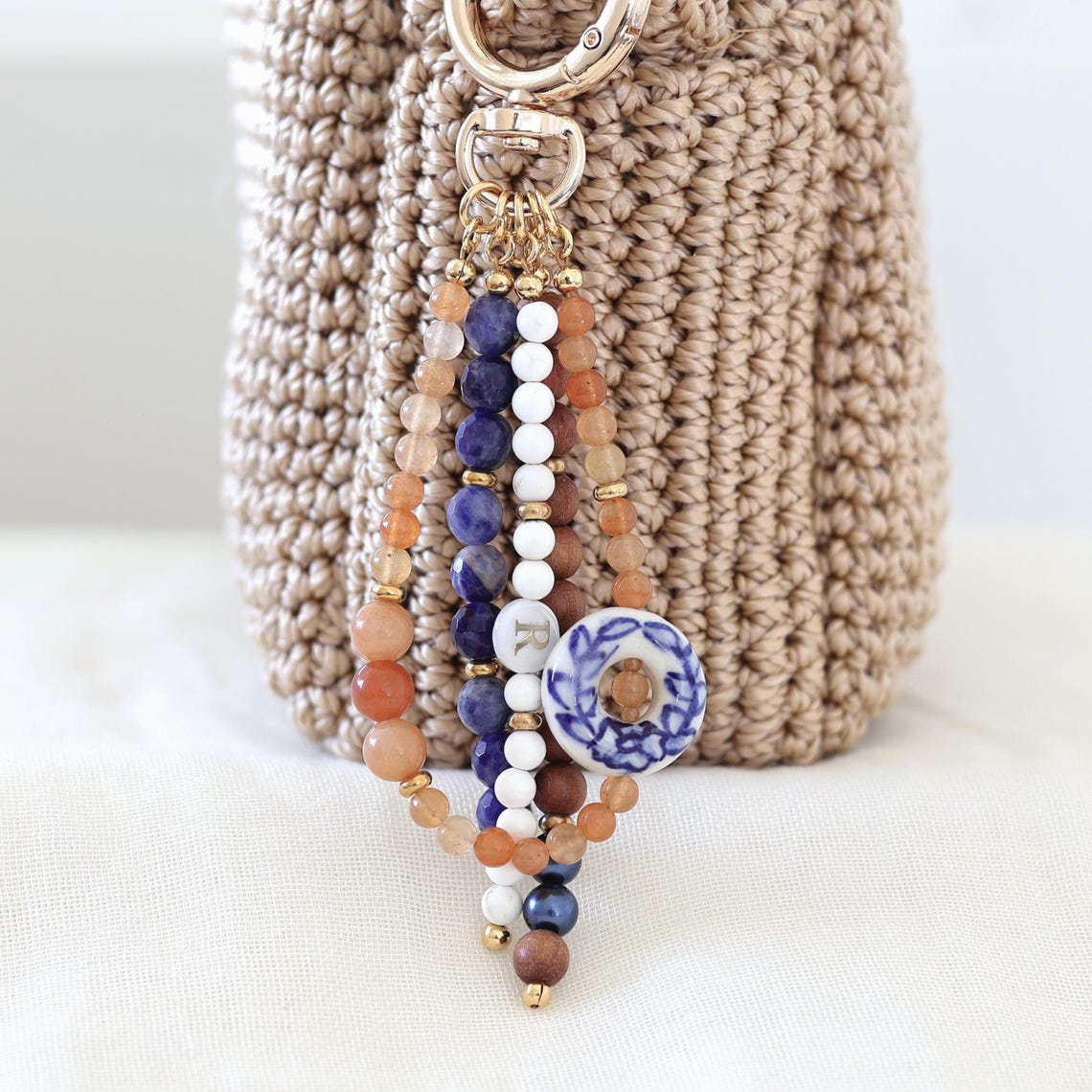 Gemstone & Wood Bag Charm: Hand Painted Porcelain, Orange Aventurine ...