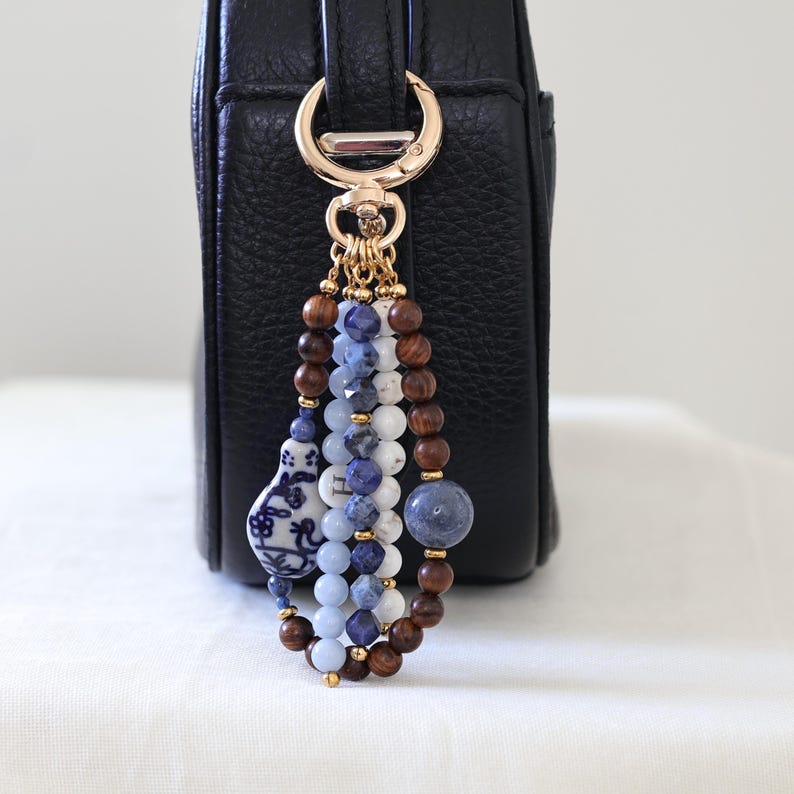 Personalized Gemstone Beaded Bag Charm: Angelite, Rosewood & Porcelain ...