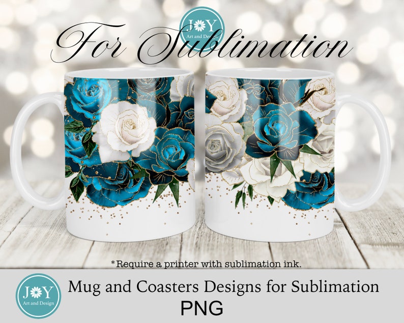 Blue and White Roses Mug Press Sublimation Design, Flowers Instant ...