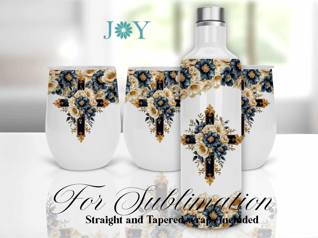 Wine Set Wrap Sublimation Design - Christian Cross and Flowers 12oz ...