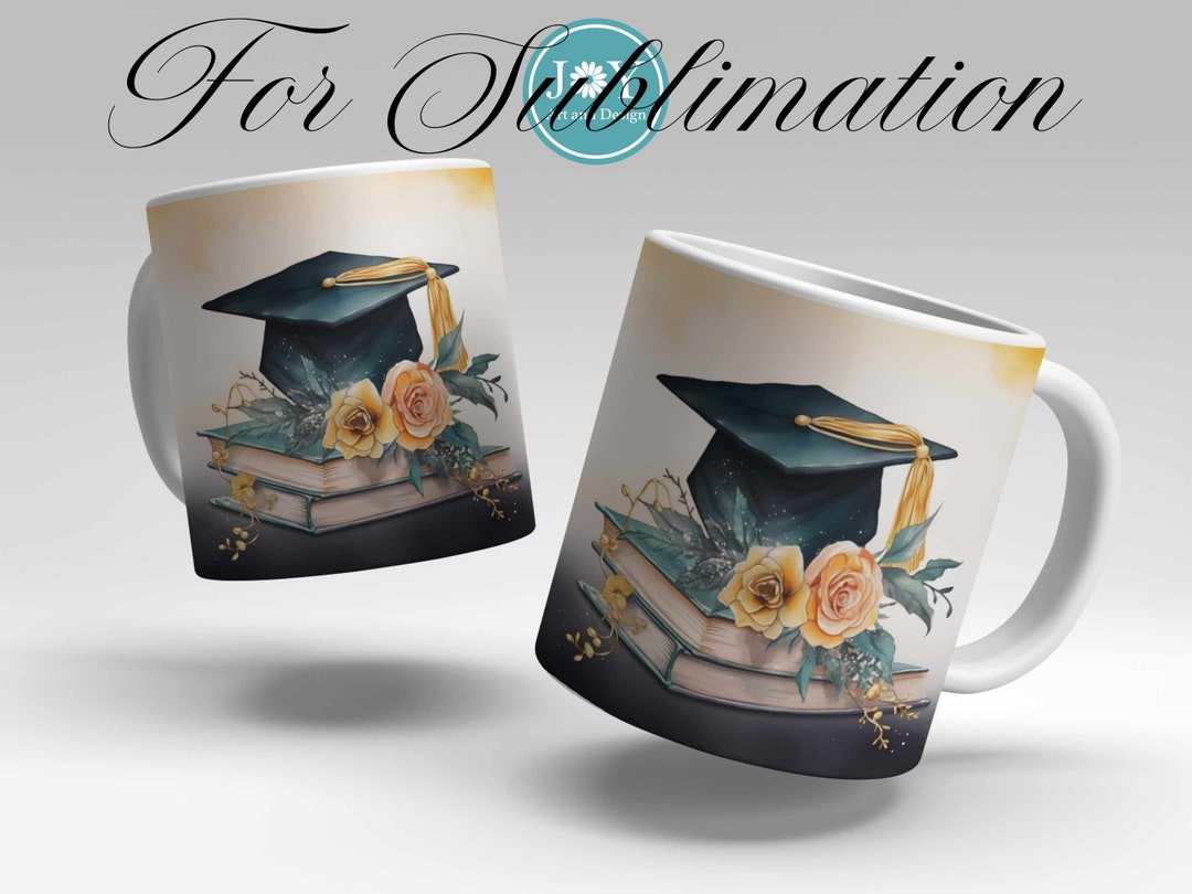 Graduation Mug Press Sublimation Design, Gold Cap Coffee Mug PNG ...
