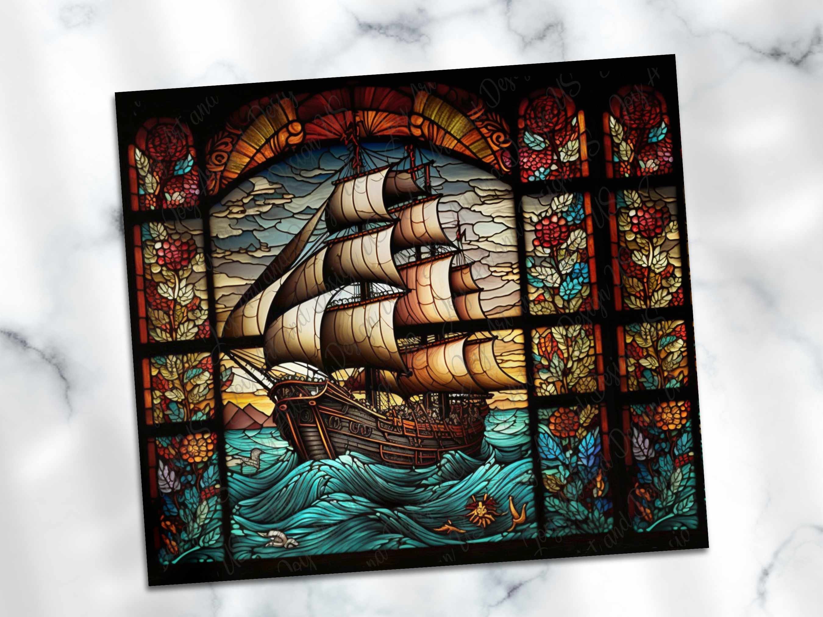 Stained Glass Pirate Ship 20 Oz Skinny Tumbler Sublimation Design ...