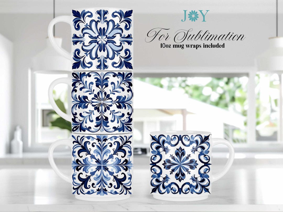 Blue Tile Mug Wrap Sublimation Design PNG for 10oz Stackable Mugs ...