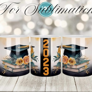Graduation Mug Press Sublimation Design, Gold Cap Coffee Mug PNG ...