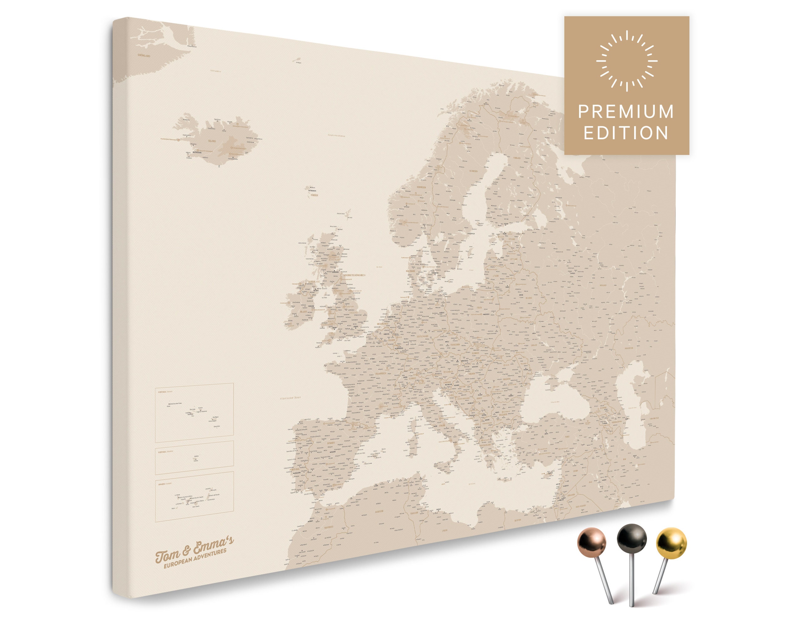 Map of Europe TRAVEL® Pinboard Canvas gold With - Etsy UK