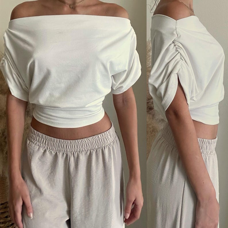 Off-shoulder T-shirt Sewing Pattern: Ruched Sleeves, Cinched Waist ...