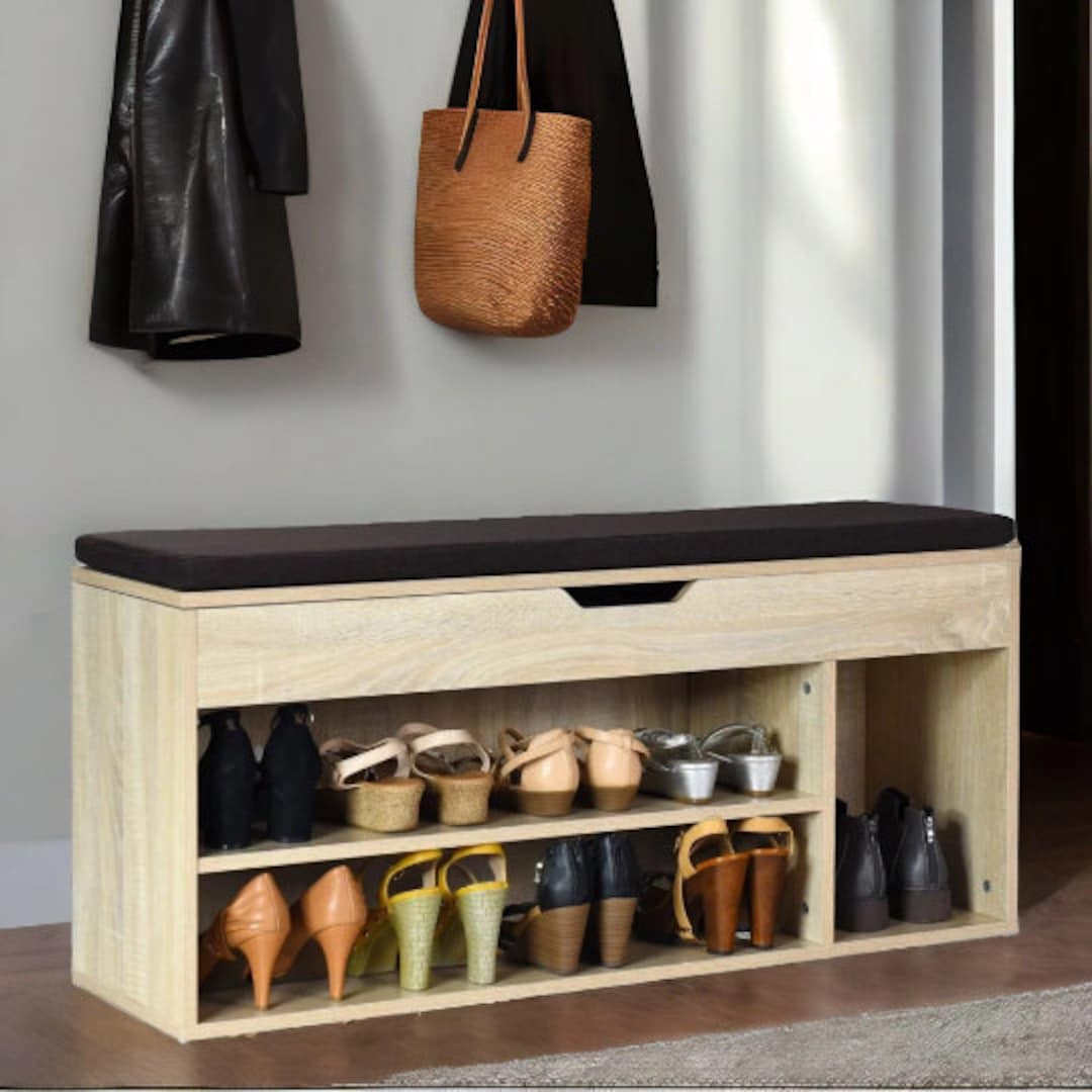 Natural Wooden Shoe Bench Organiser Rack With Seat and Lift - Etsy