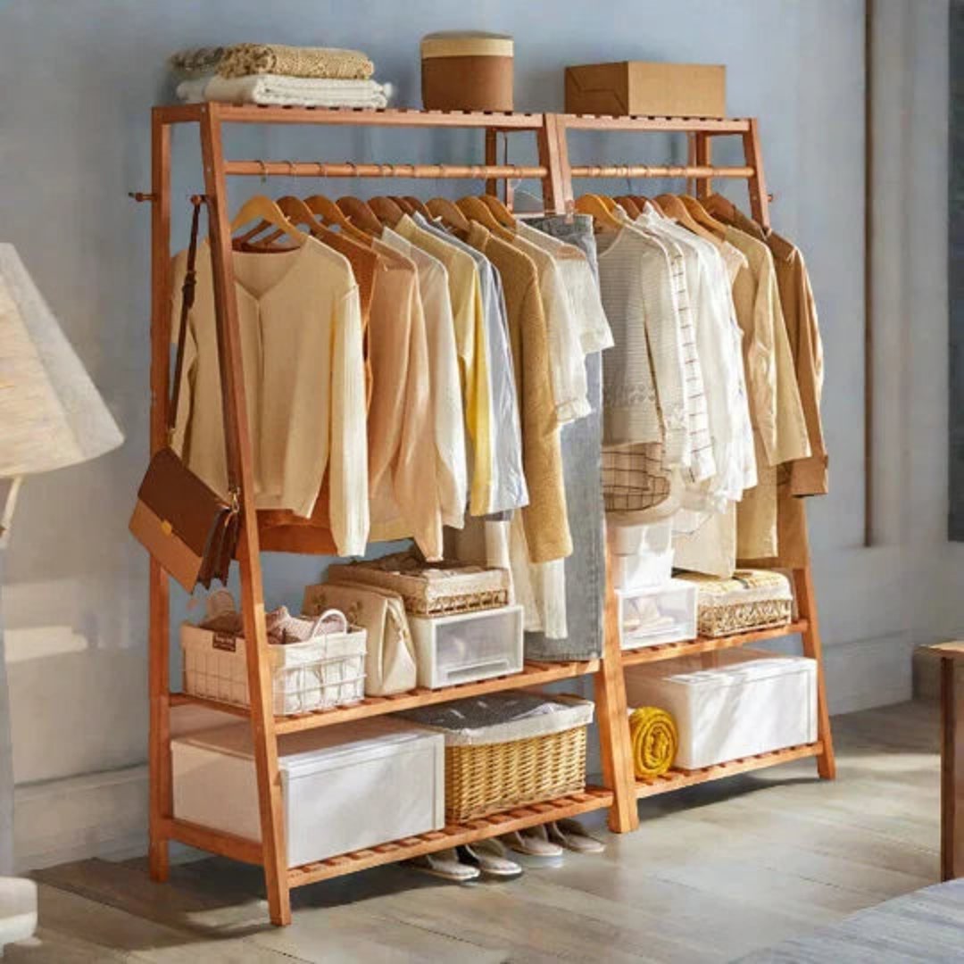 Natural Bamboo Wooden Clothes Stand Rail Rack Open Wardrobe - Etsy UK