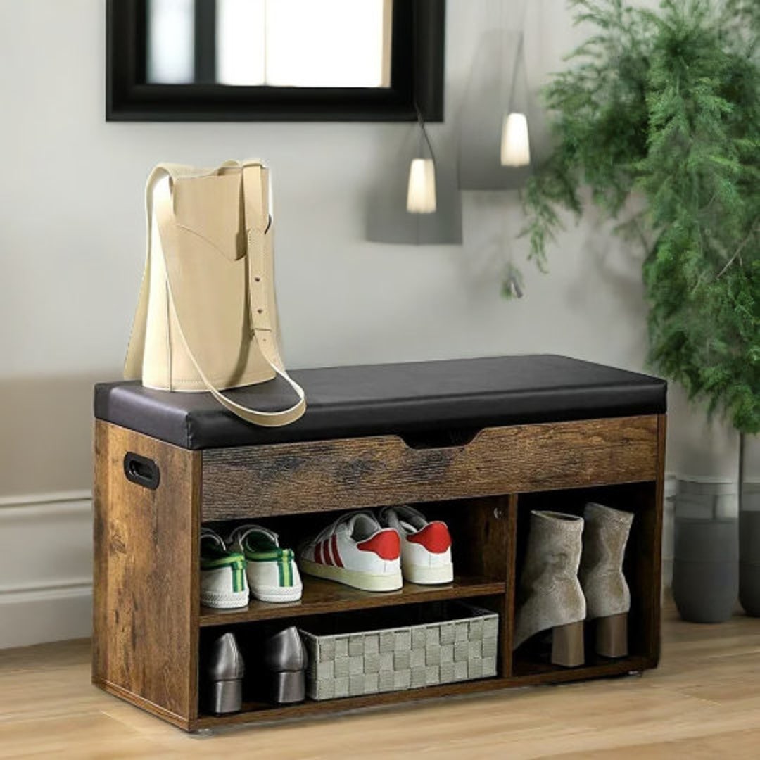 Rustic Wooden Shoe Rack Bench With Cushion Organiser Shelves - Etsy