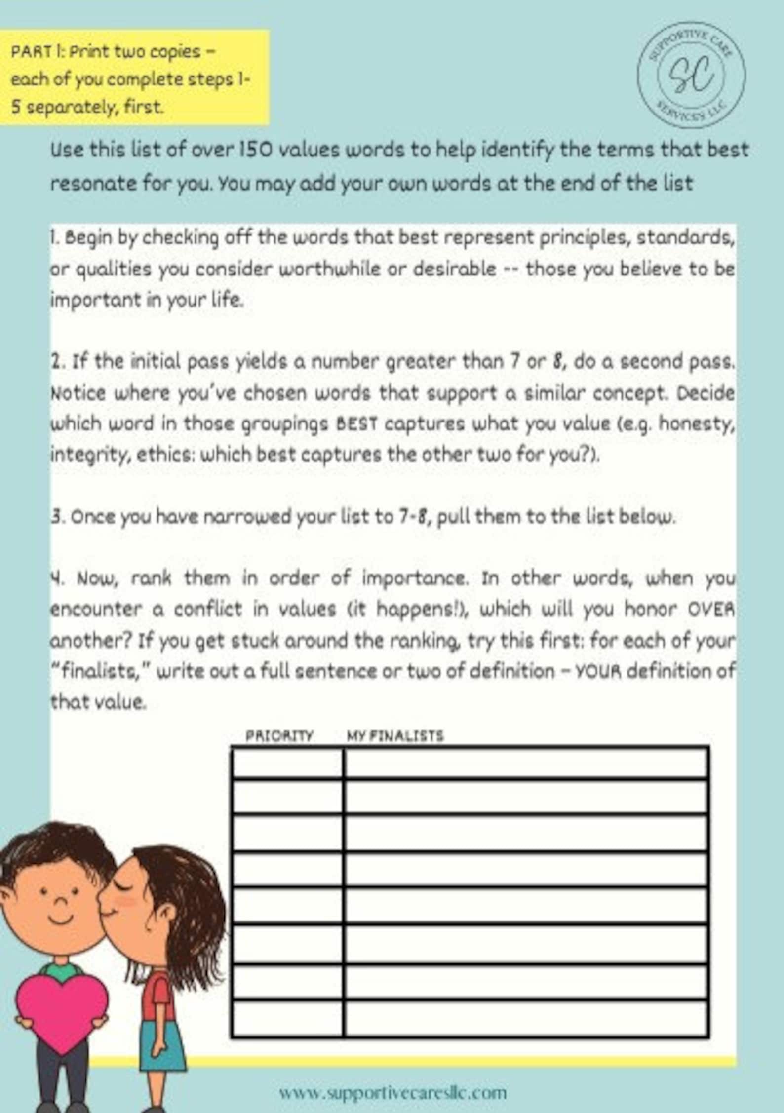 Core Values Exercise for Couples - Etsy Core Values Exercise for Couples - Etsy