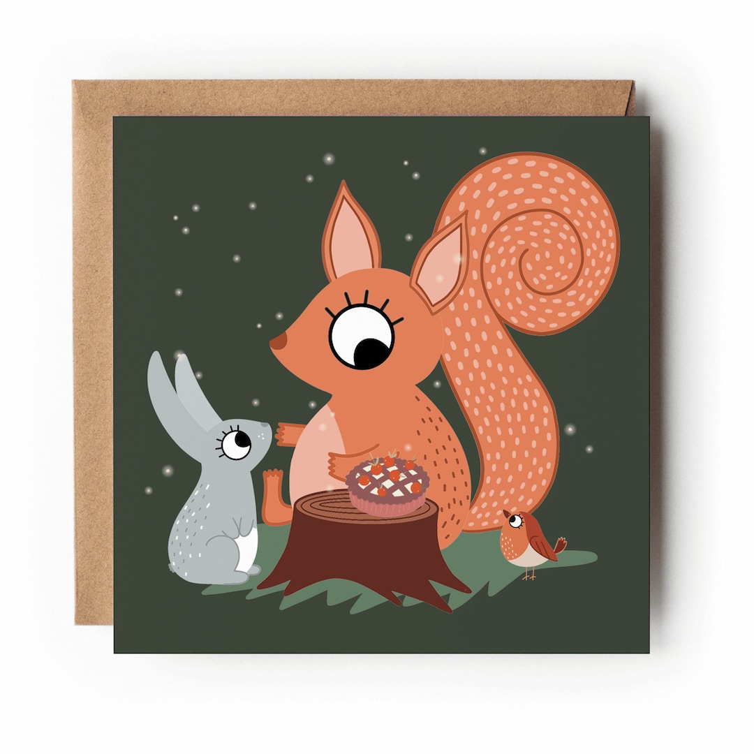 Illustrated Square Greeting Card Sammy the Squirrel Handmade Digital ...