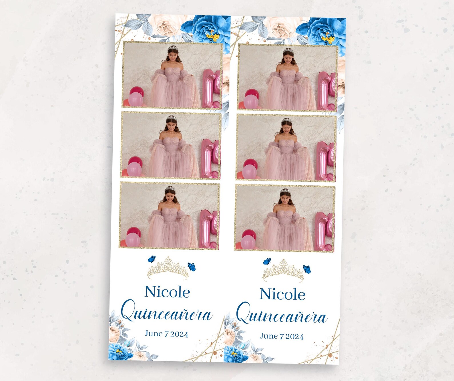 Quinceanera Photobooth Template | Blue & Gold 2x6 Photobooth Overlay ...