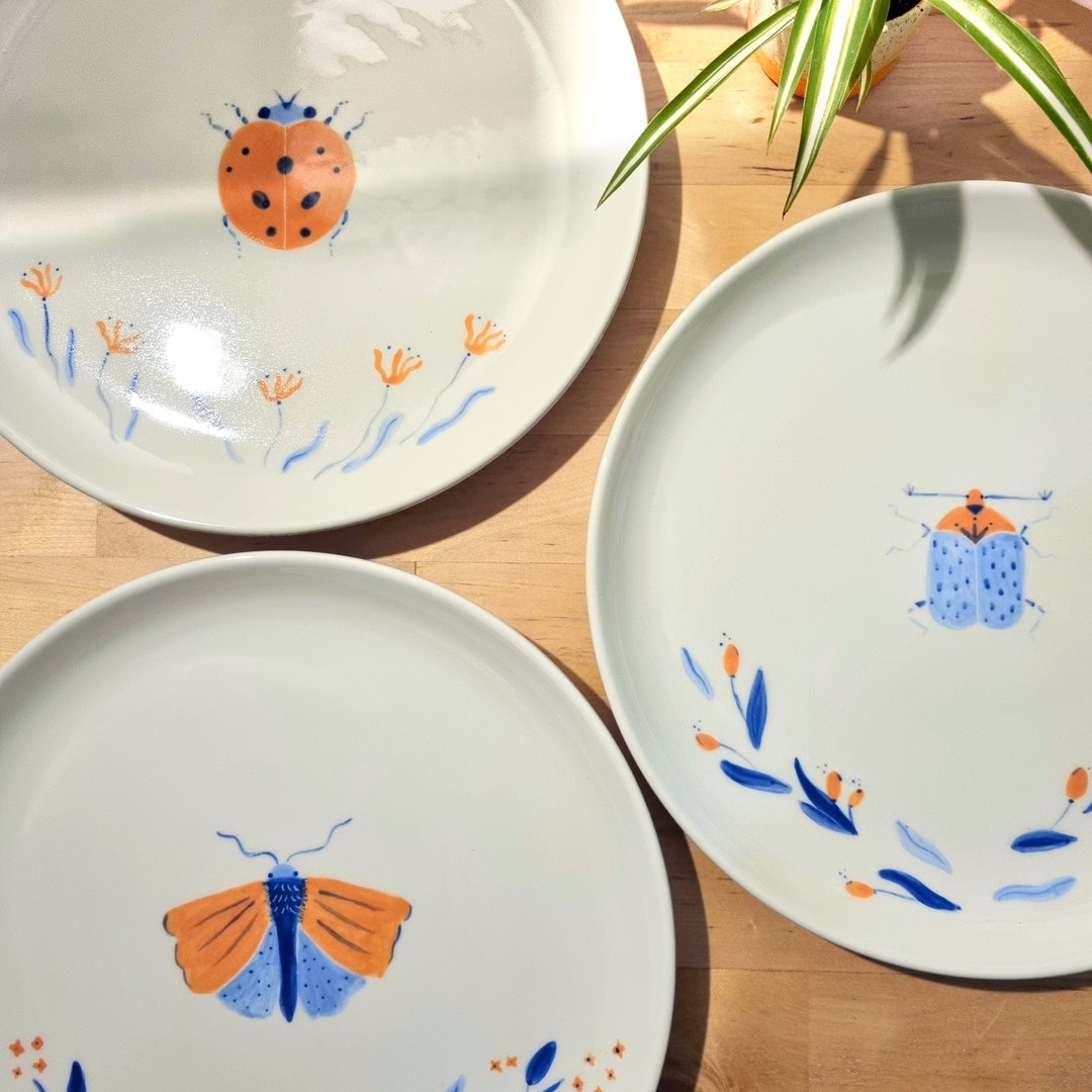 Insect Plate Service, Made to Order. Coral and Blue Colors, Shiny ...