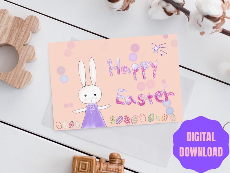 Happy Easter Printable Card Pastel Bunny Egg Calligraphy Greeting ...