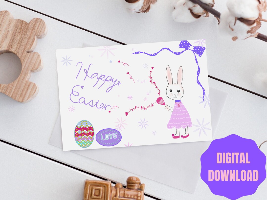 Happy Easter Printable Card White Bunny Colorful Egg Calligraphy ...