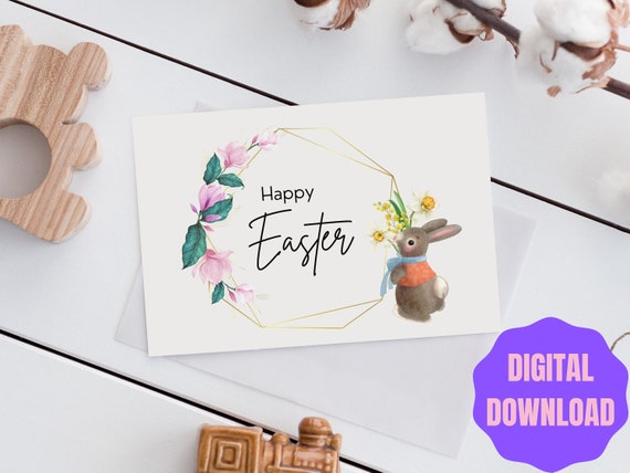 Happy Easter Printable Card Pastel Watercolor Easter Bunny | Etsy