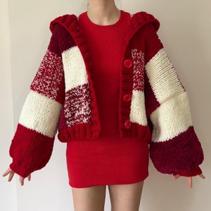 Hooded Red Velvet Patchwork Cardigan - Etsy