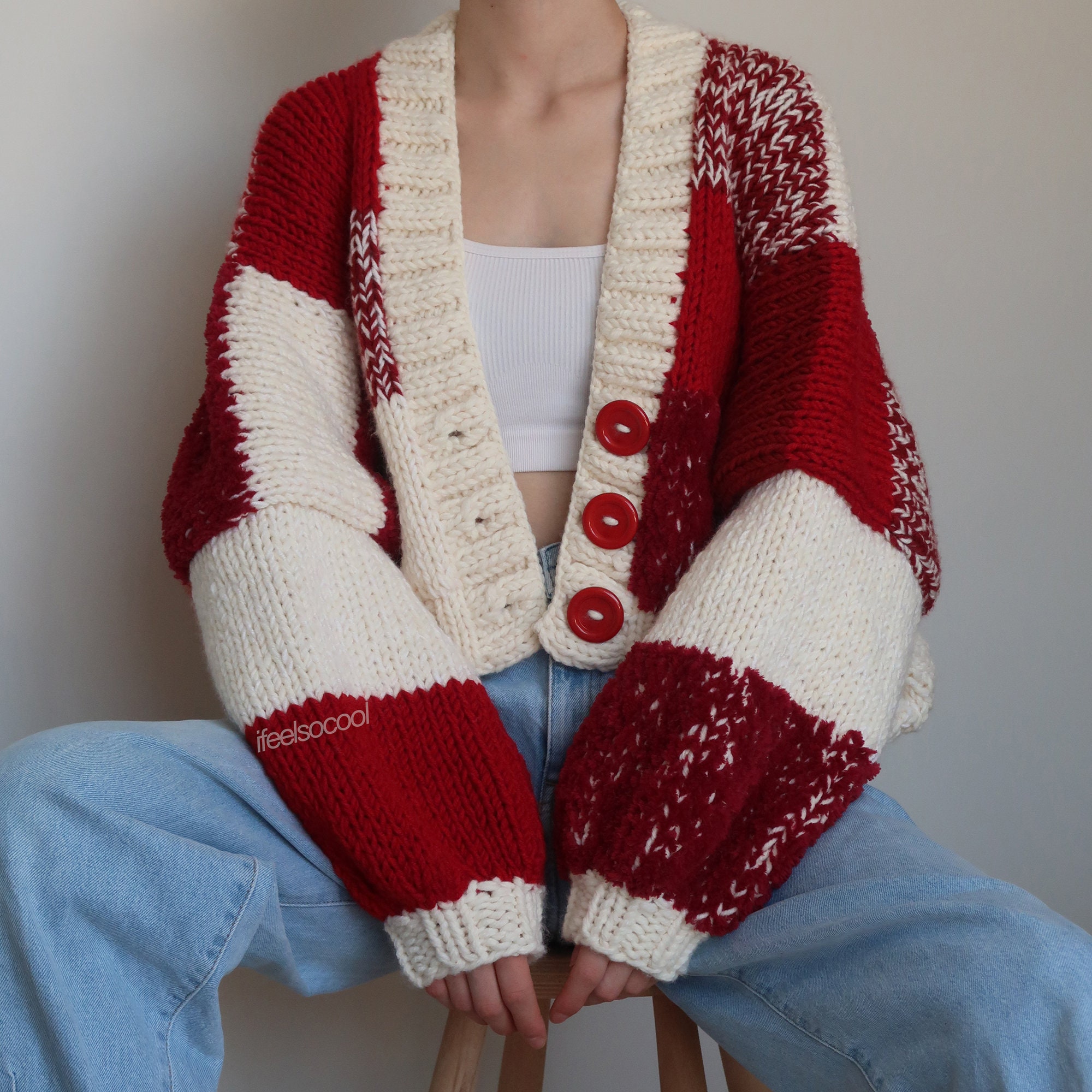 Red Velvet Patchwork Cardigan – Hand Knitted Red Chunky Cardigan, Cozy ...