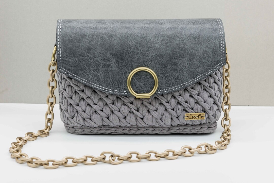 Gray Crochet Shoulder Bag, Handmade Clutch Handbag With Leather Cap ...