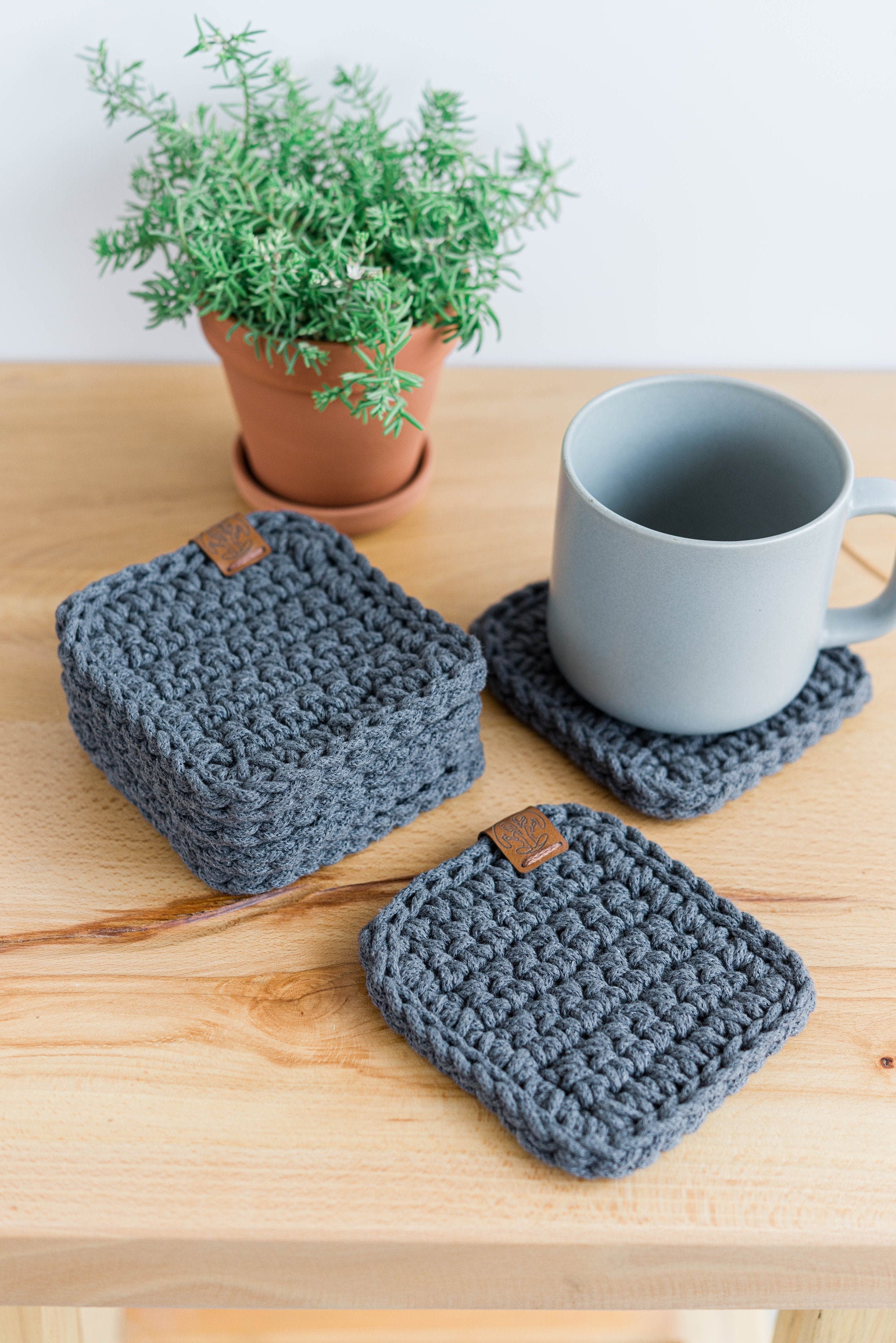 Gray Crochet Coasters, Anthracite Square Coasters, Modern Coasters Set ...