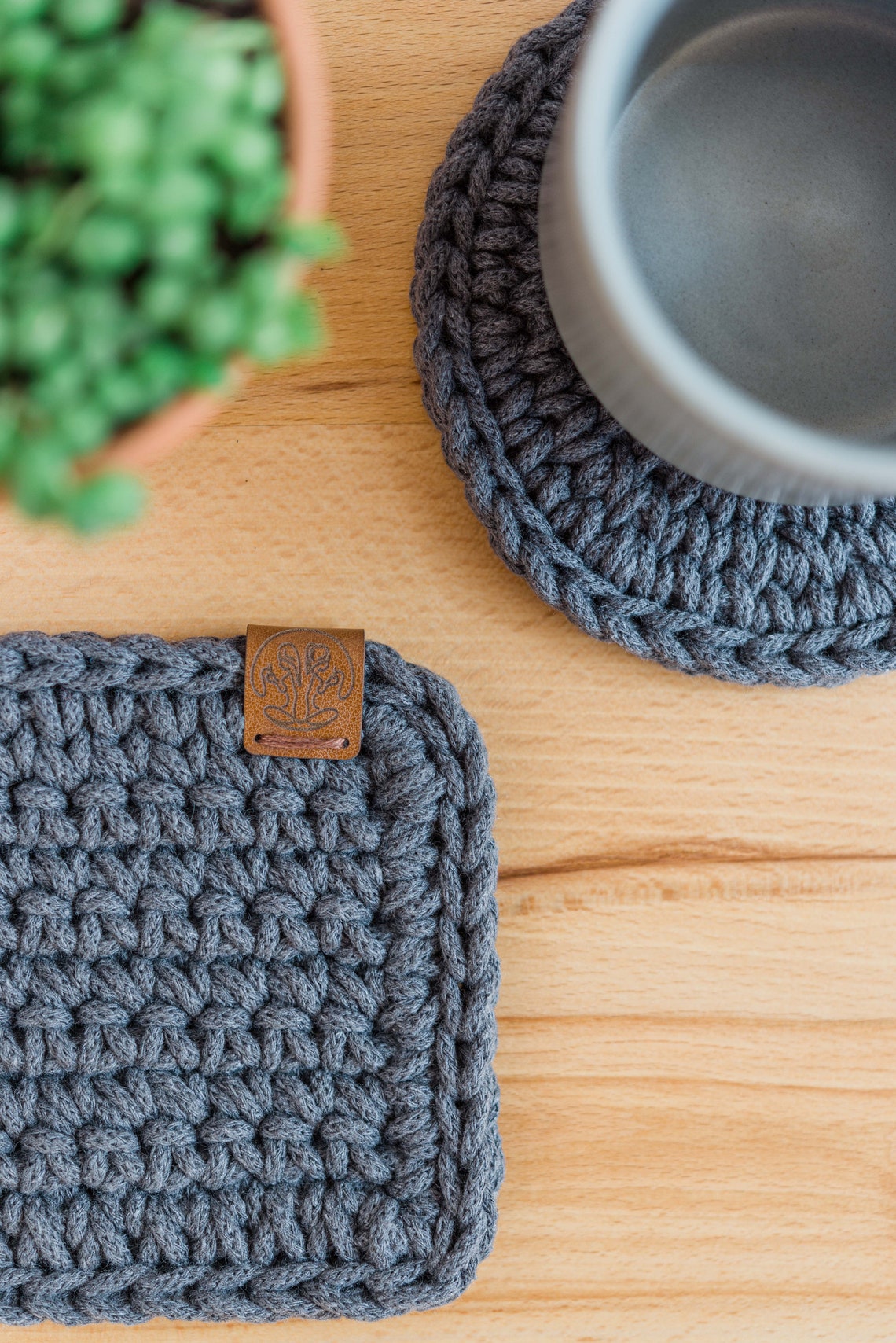 Gray Crochet Coasters, Anthracite Square Coasters, Modern Coasters Set ...