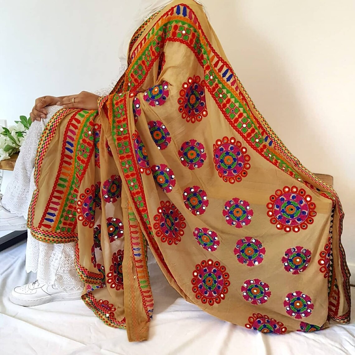 Traditional Phulkari georgette dupatta with floral and mirror | Etsy