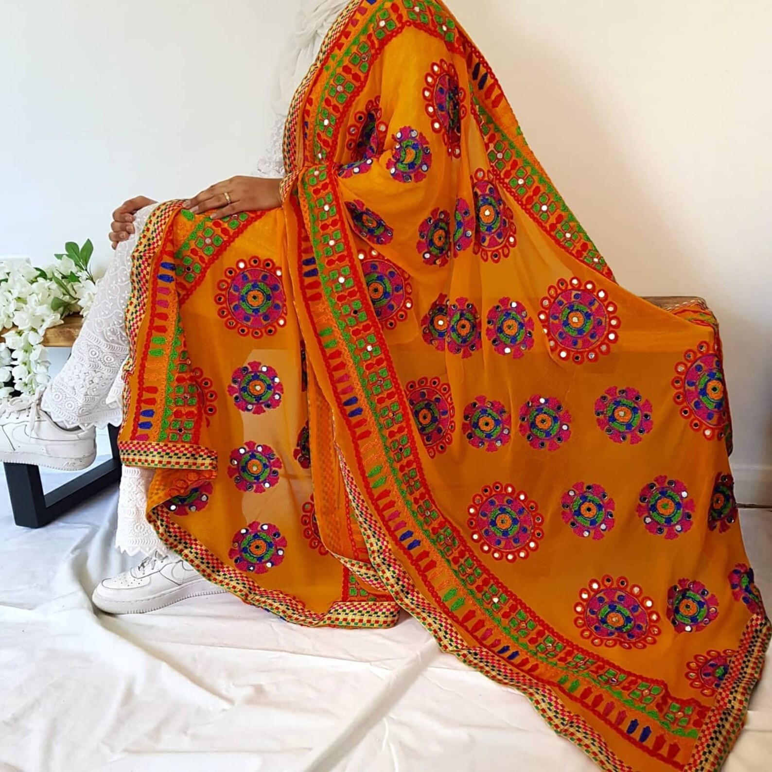Traditional Phulkari georgette dupatta with floral and mirror | Etsy
