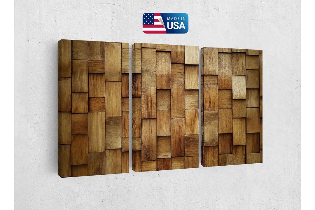Wood Mosaic Wall Art Rustic Triptych Canvas, Handcrafted USA (textured ...