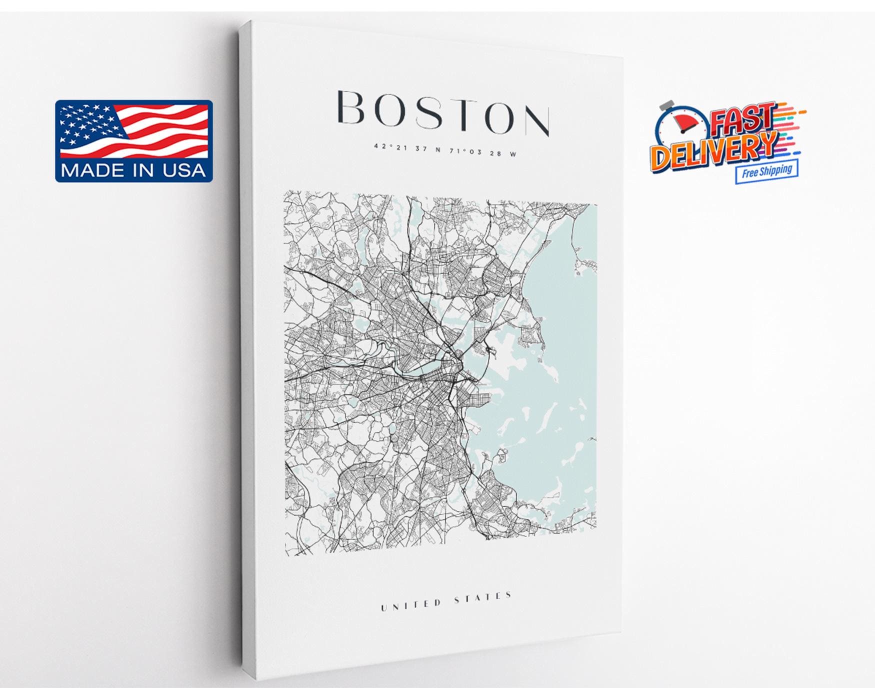 Boston Map Canvas Modern City Street Wall Art, Minimalist Black White ...